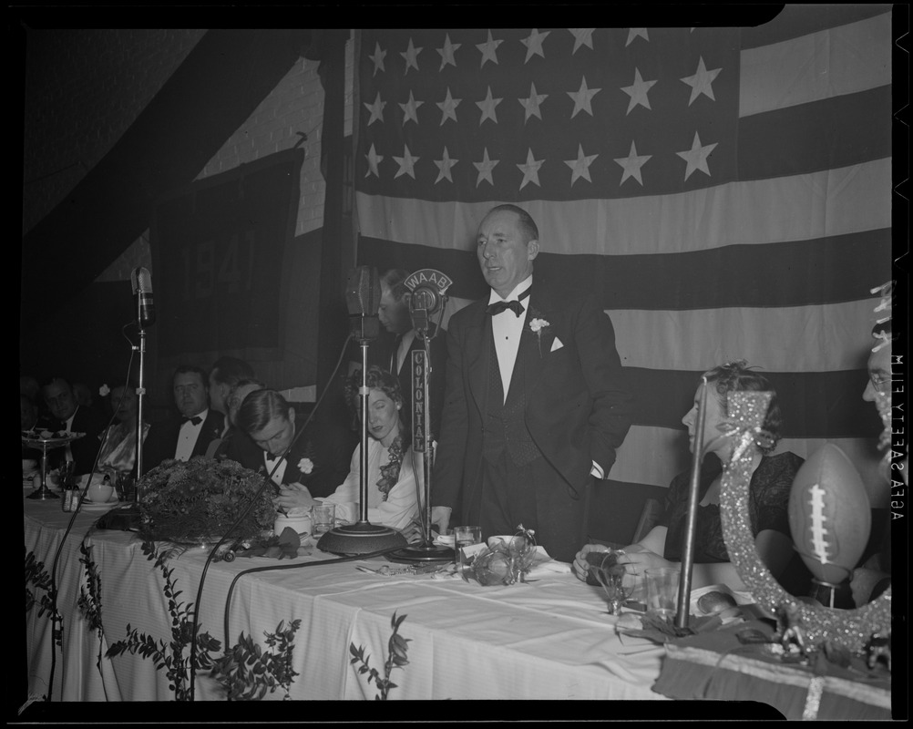 Unidentified man addressing the testimonial dinner for Charlie O'Rourke ...