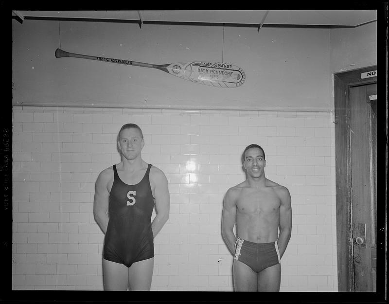 Two swimmers in pool locker room - Digital Commonwealth