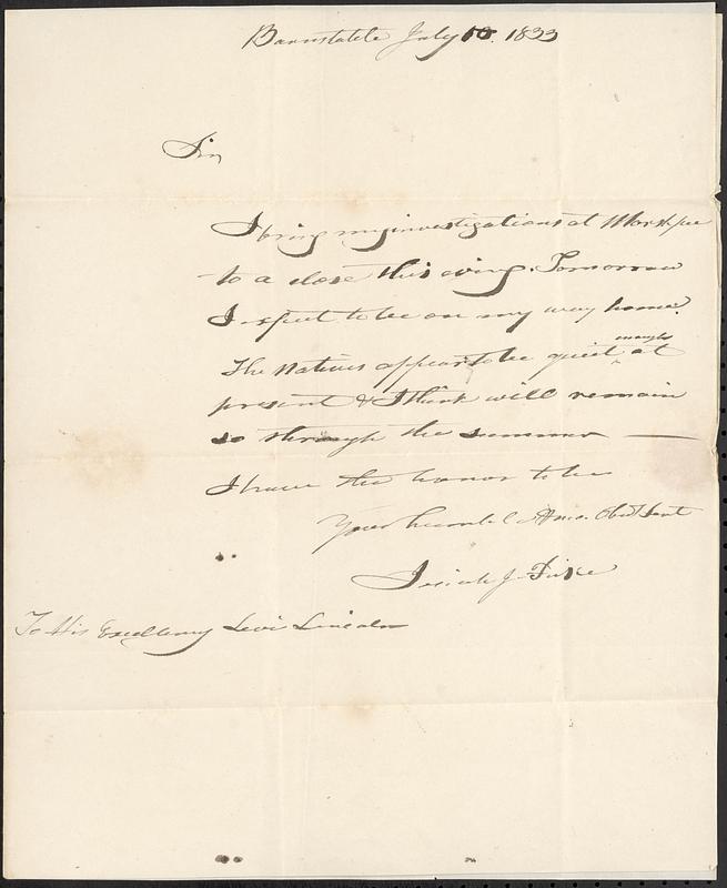 Mashpee Revolt, 1833-1834 - Letter from Josiah J. Fiske to Gov. Levi ...