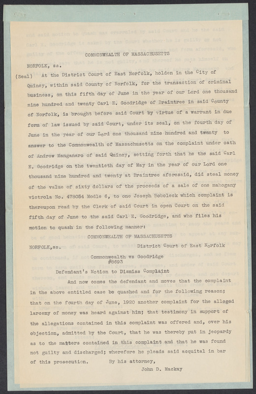 Sacco-Vanzetti Case Records, 1920-1928. Defense Papers. District Court ...