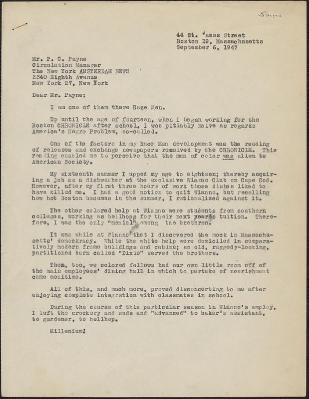 Letter from Jack Miller, Boston, to P. C. Payne, New York, 1947 ...