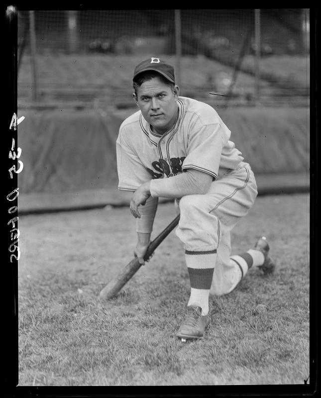 Brooklyn Dodgers Sam Leslie kneels with bat at Braves Field - Digital ...
