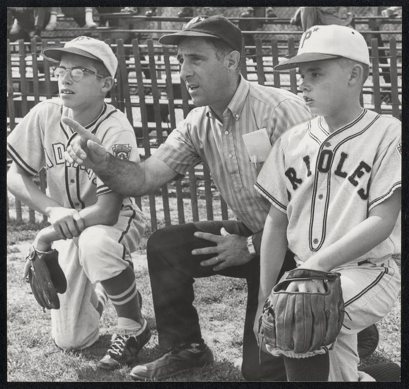 Two Little League players, man between them - Digital Commonwealth