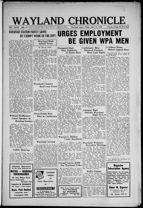 The Wayland Chronicle. May 19, 1939 - Digital Commonwealth
