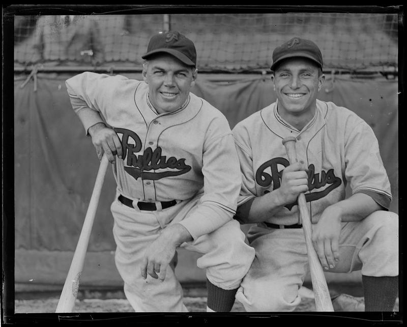 Philadelphia Phillies players Johnny Moore and Dolph Camilli kneeling ...