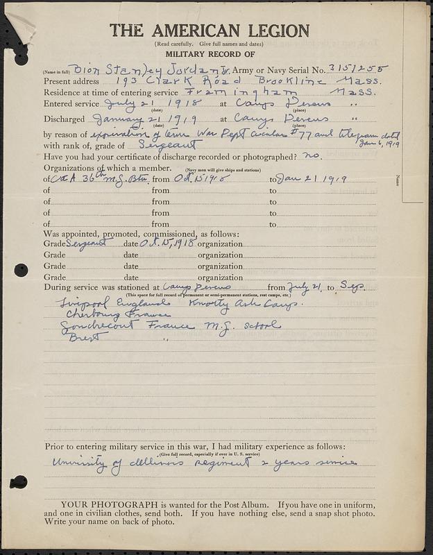 American Legion military record of Bion Stanley Jordan, Jr. - Digital ...