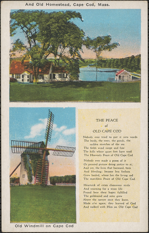 Poem, "The peace of old Cape Cod" with images of a house and a windmill ...