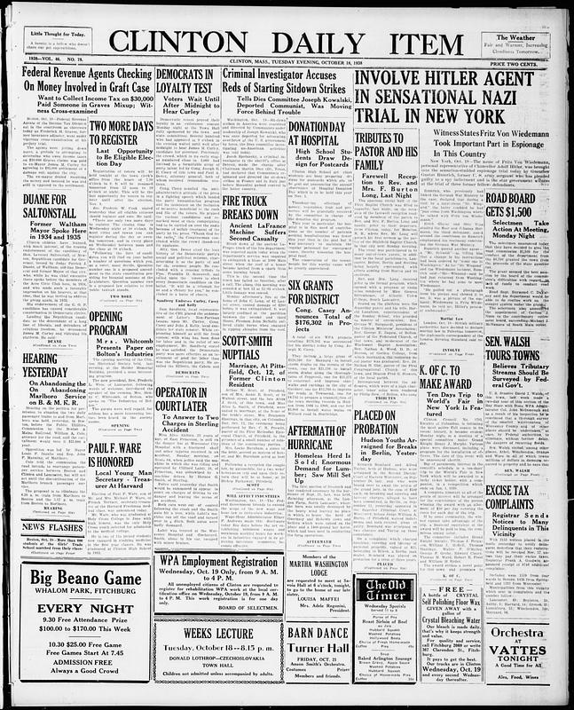 Clinton Daily Item. October 18, 1938 - Digital Commonwealth
