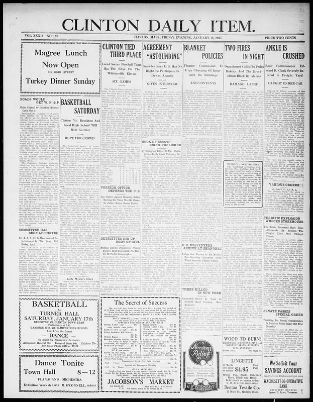 Clinton Daily Item. January 16, 1925 - Digital Commonwealth