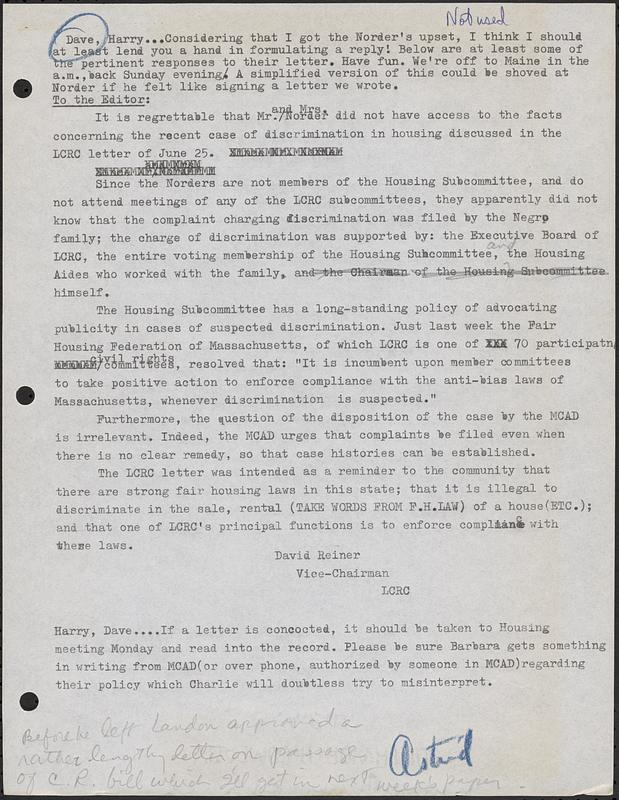 Draft of a Letter to the Editor from David Reiner regarding the Norders ...