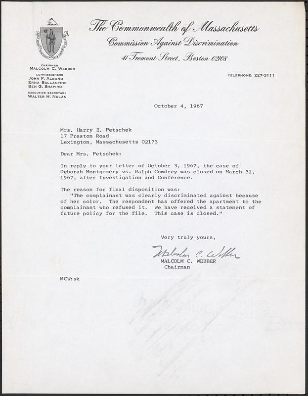 Letter to Mrs. Harry E. Petschek from MCAD Chairman with final decision ...