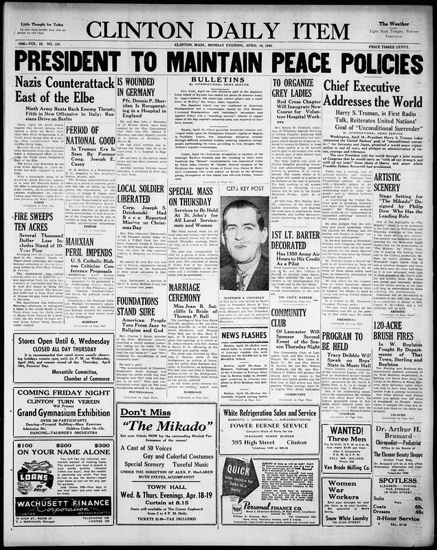 Clinton Daily Item. April 16, 1945 - Digital Commonwealth