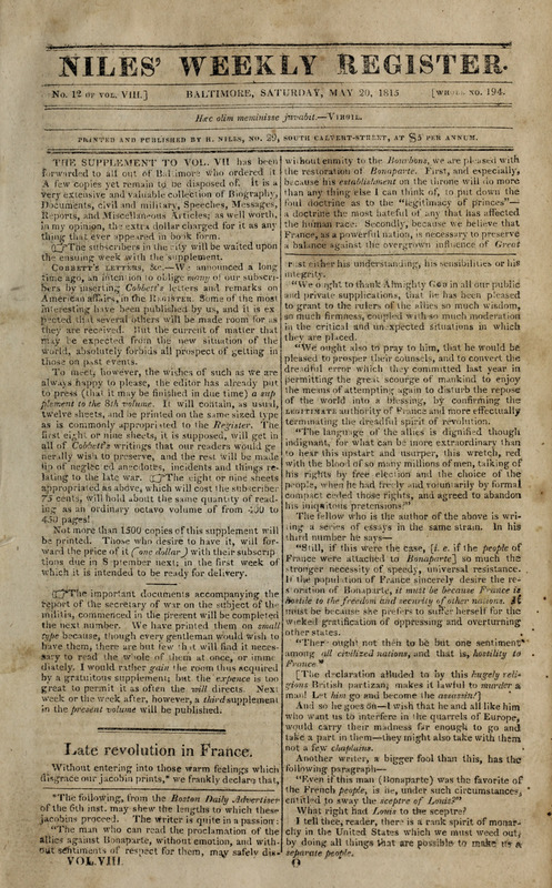 Niles' Weekly Register, May 20, 1815 - Digital Commonwealth