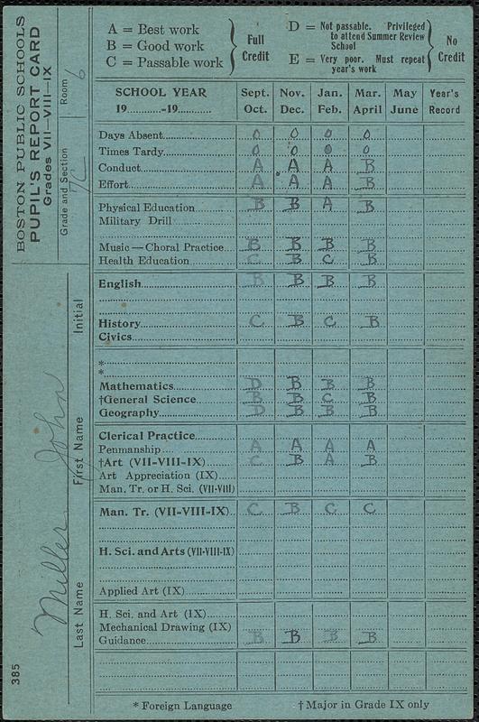 Boston Public Schools pupil's report card, Miller, John - Digital ...