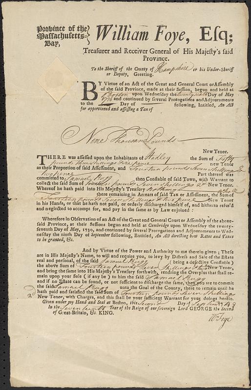 Province of the Massachusetts Bay, William Foye, Esq., Treasurer and ...