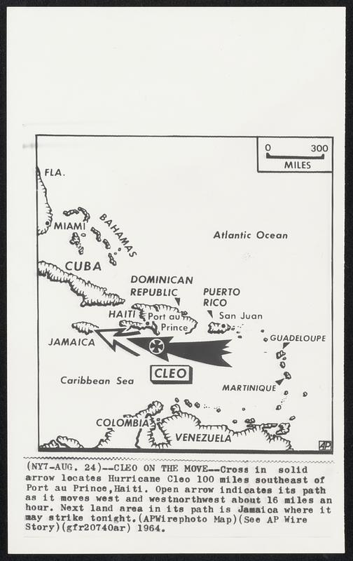Cleo on the Move--Cross in solid arrow locates Hurricane Cleo 100 miles ...