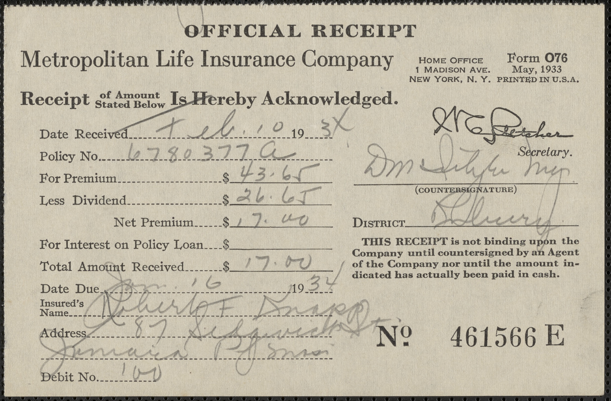 Receipt from Metropolitan Life Insurance Company for Robert F. Knapp ...