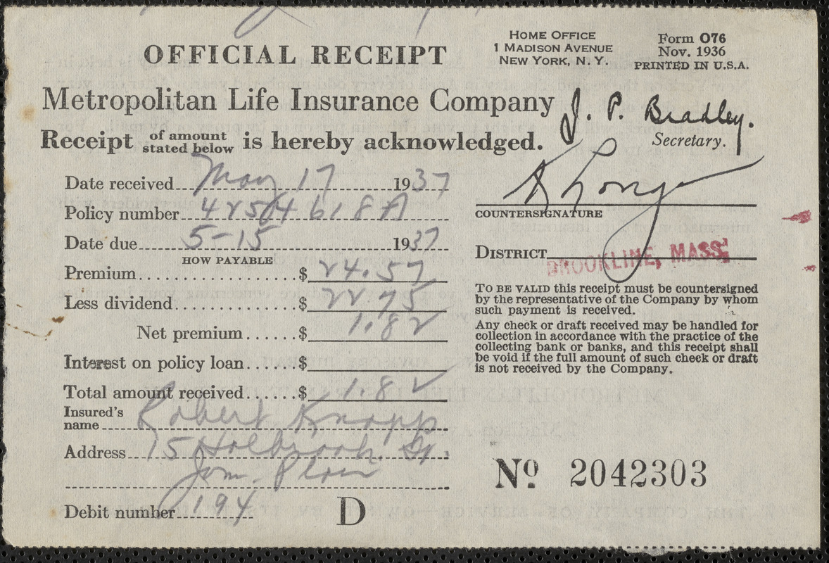 Receipt from Metropolitan Life Insurance Company for Robert Knapp, May ...