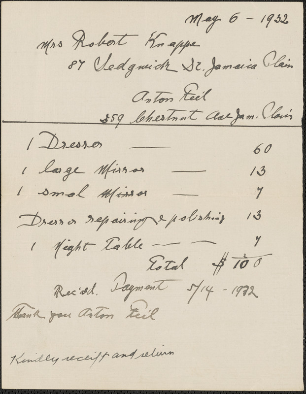 Receipt from Anton Reid for Mrs. Robert Knapp, May 6, 1932 - Digital ...