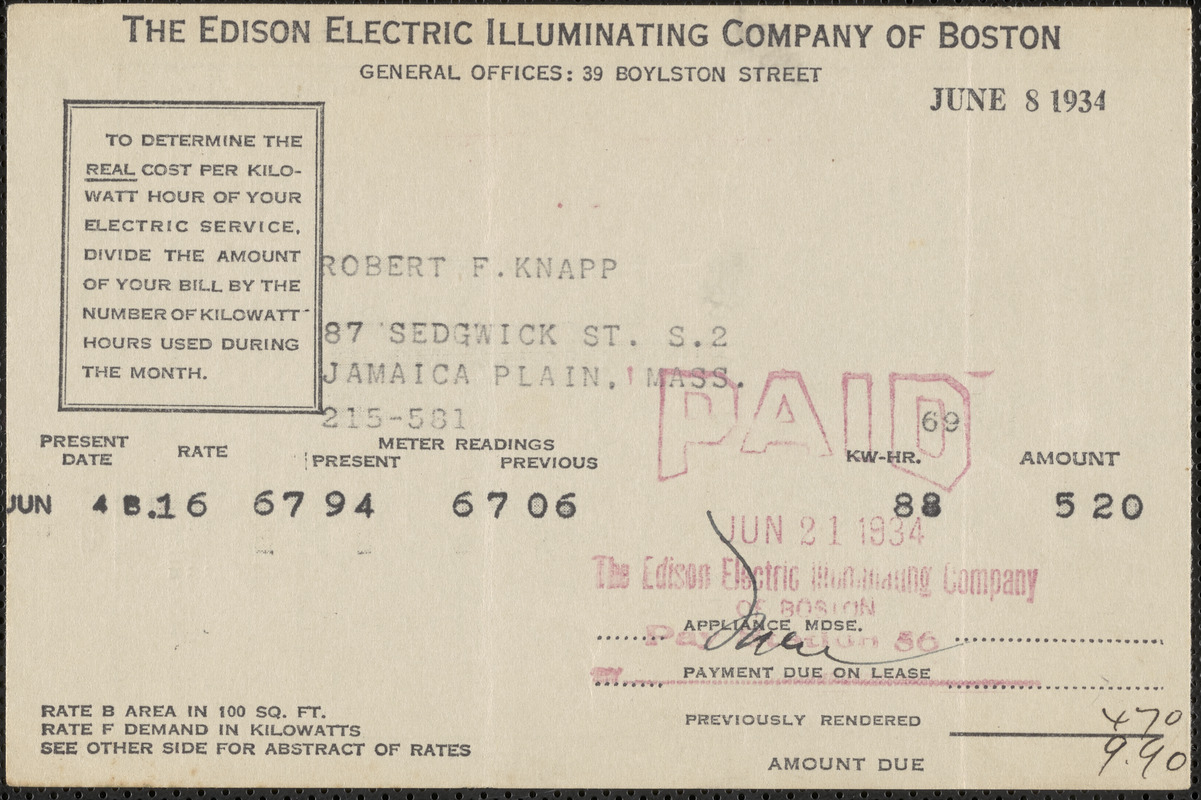 Invoice rom The Edison Electric Illuminating Company of Boston for ...