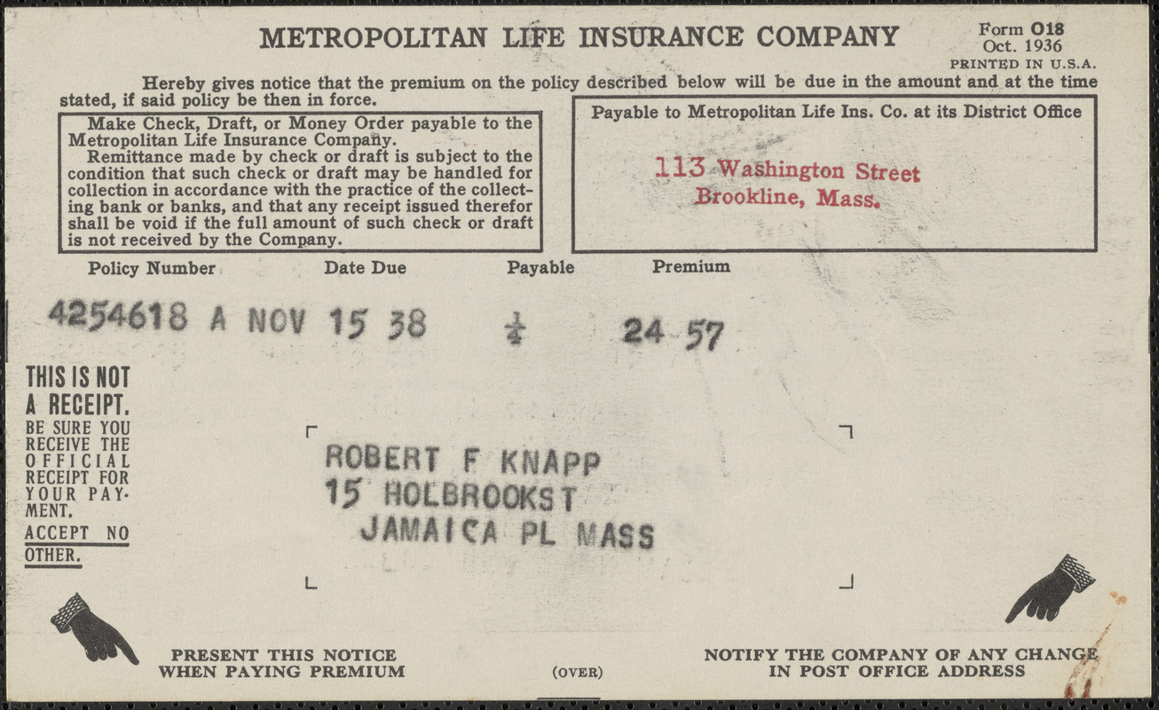 Invoice from Metropolitan Life Insurance Company for Robert F. Knapp ...