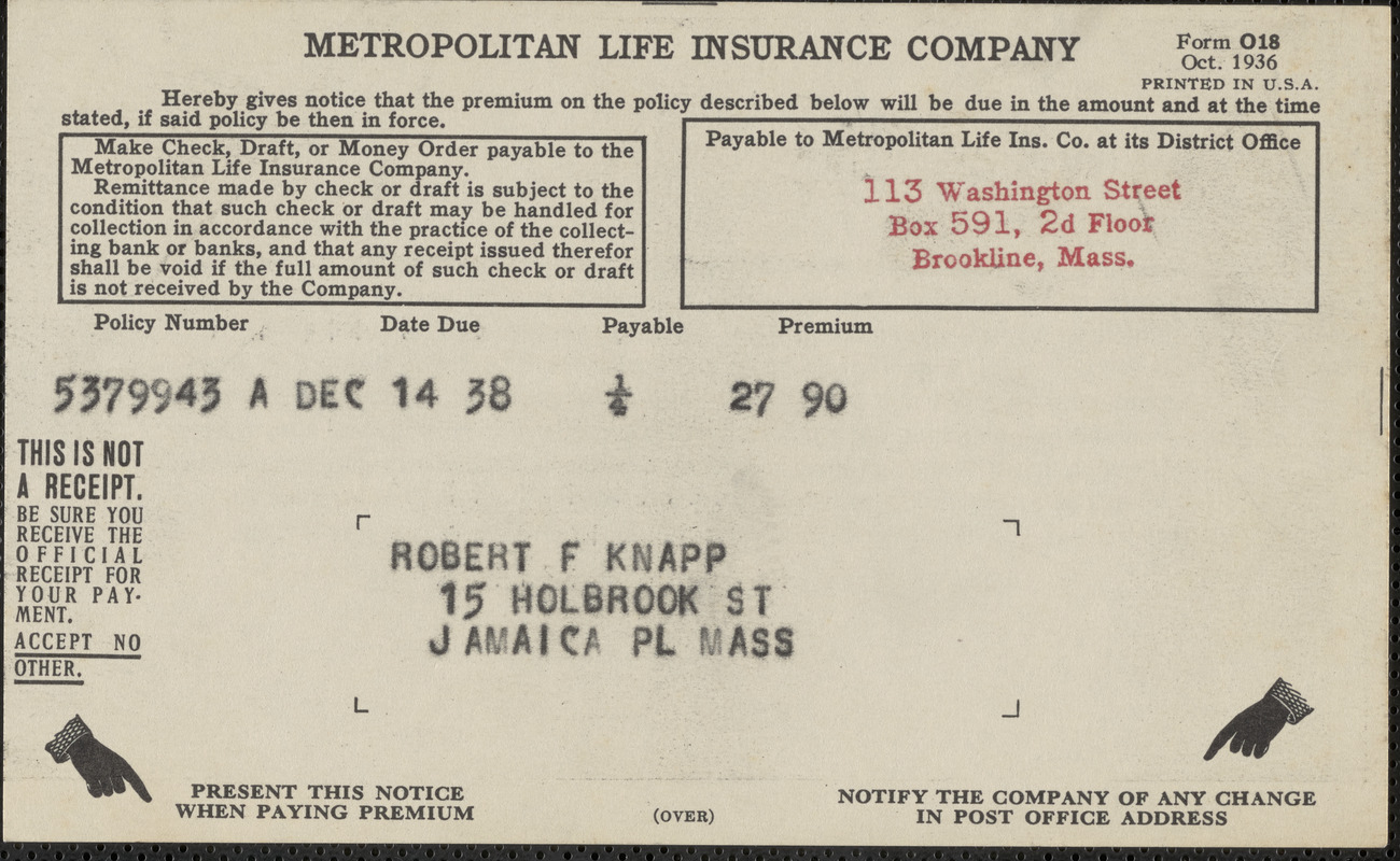 Invoice from Metropolitan Life Insurance Company for Robert F. Knapp ...