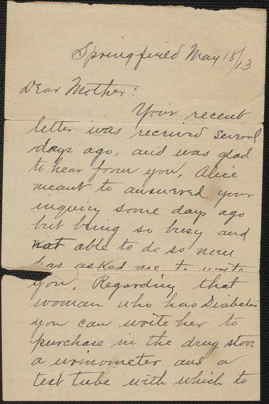 Partial letter to Mother, May 18, 1913 - Digital Commonwealth
