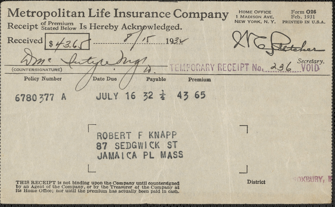 Receipt from Metropolitan Life Insurance Company for Robert F. Knapp ...