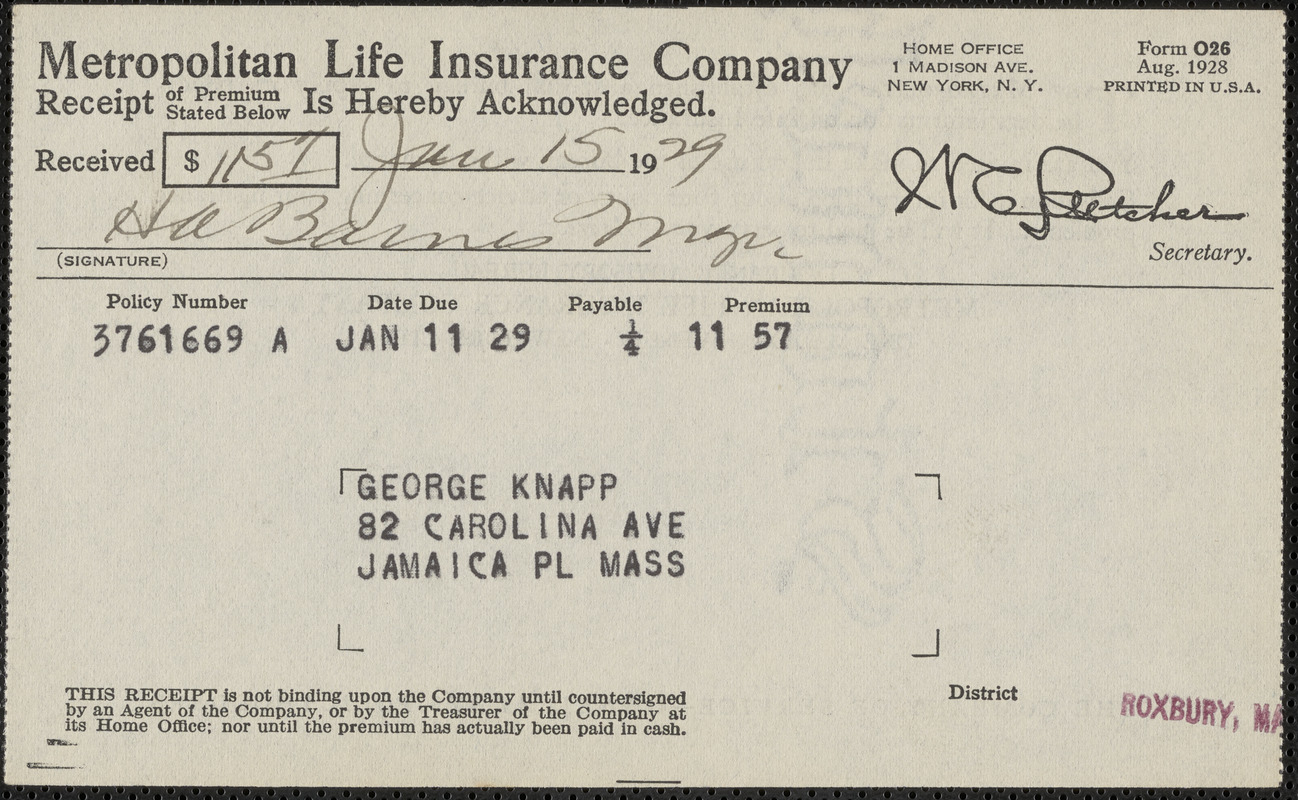 Receipt from Metropolitan Life Insurance Company for George Knapp, Jan ...