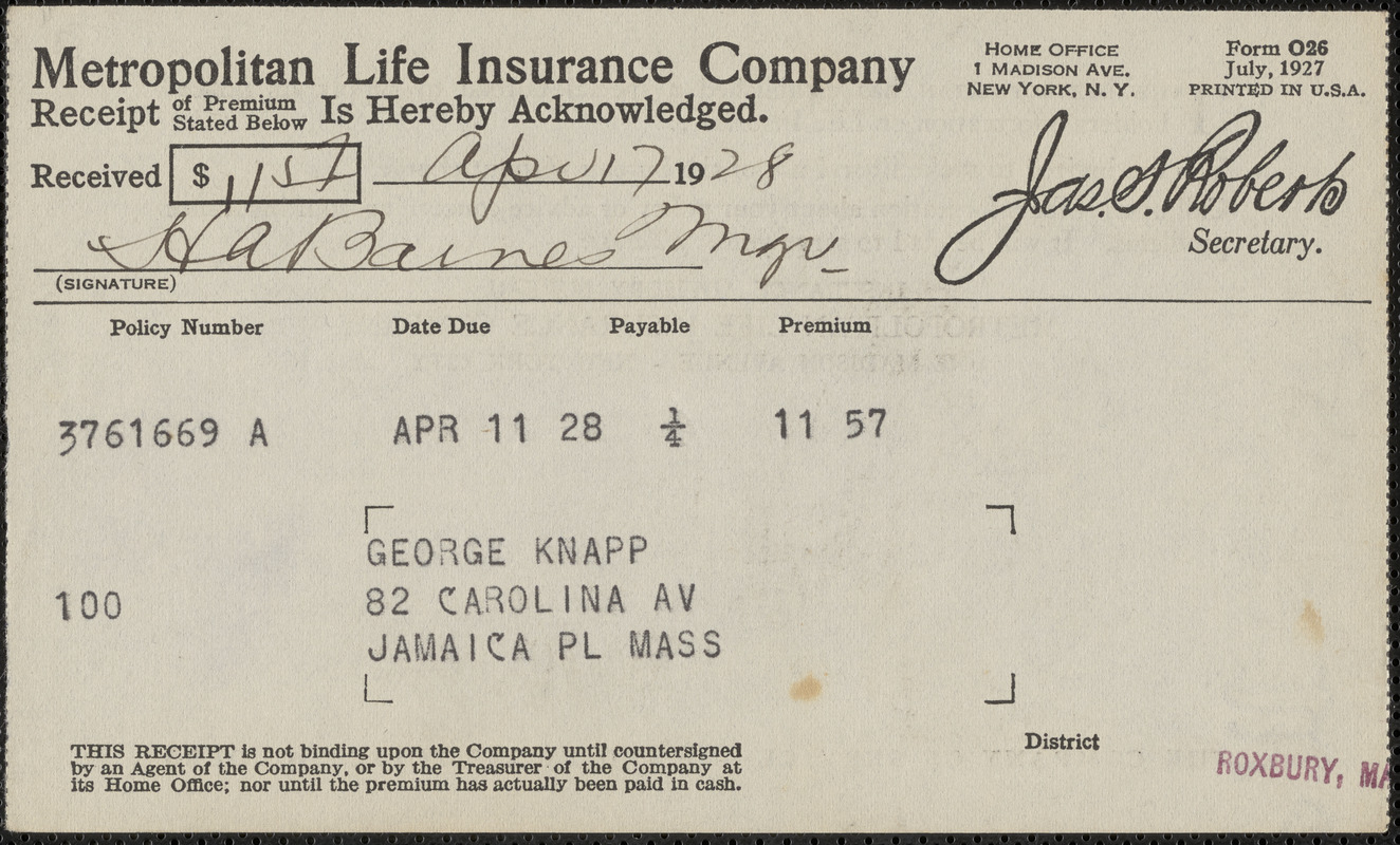 Receipt from Metropolitan Life Insurance Company for George Knapp, Apr ...