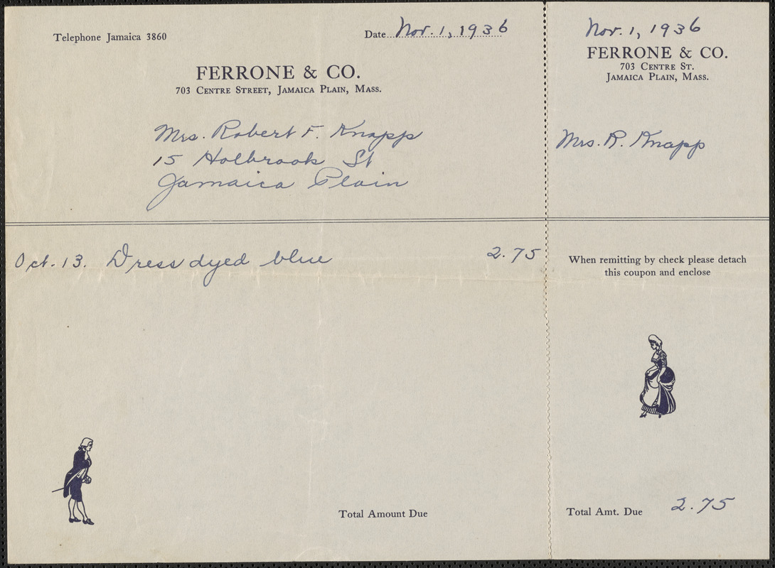 Invoice from Ferrone & Co. for Mrs. Robert F. Knapp, Nov. 1, 1936 ...