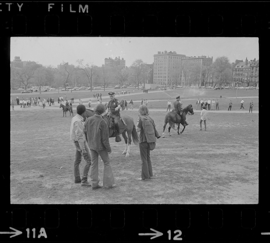 Confrontation between mounted policeman and hippies on the Boston ...