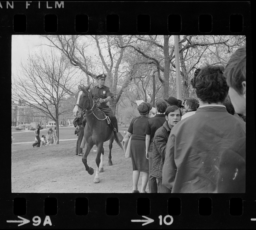 Confrontation between mounted policeman and hippies on the Boston ...