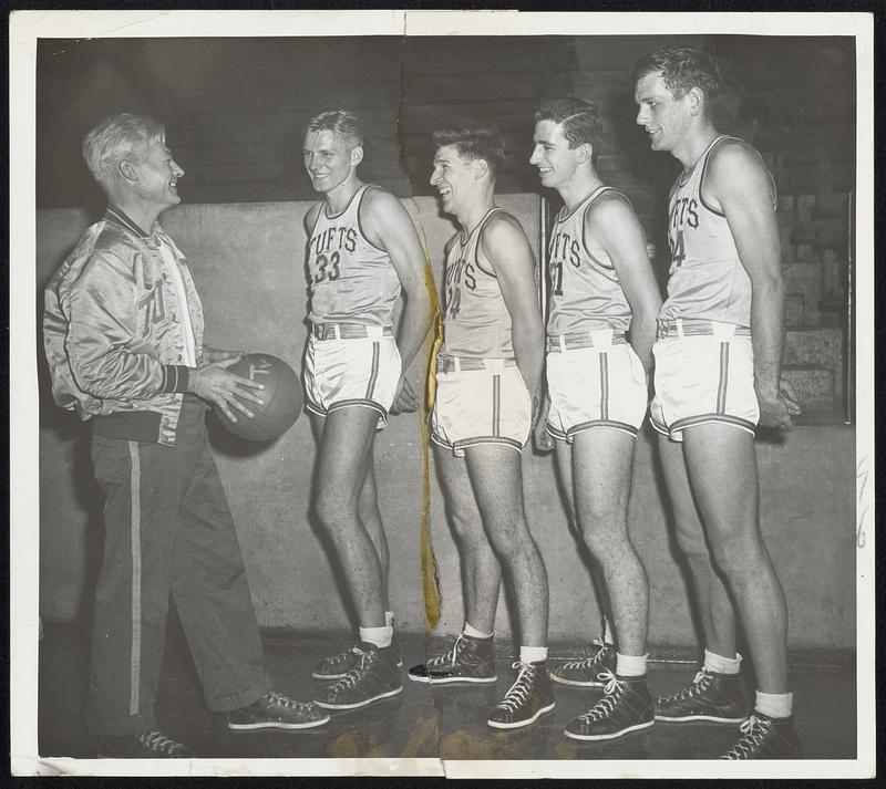 The Tufts 200 Club -- Coach Fred Ellis (left) matches smiles with four ...