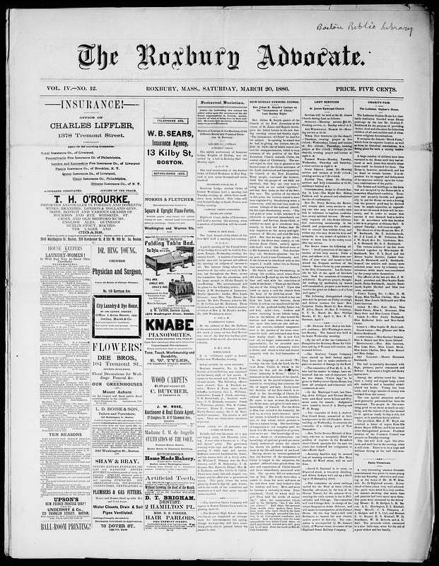 The Roxbury Advocate. March 20, 1886 - Digital Commonwealth