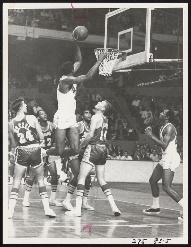Two For Russell – Bill Russell sinks jump shot as Lakers’ John Wetzel ...