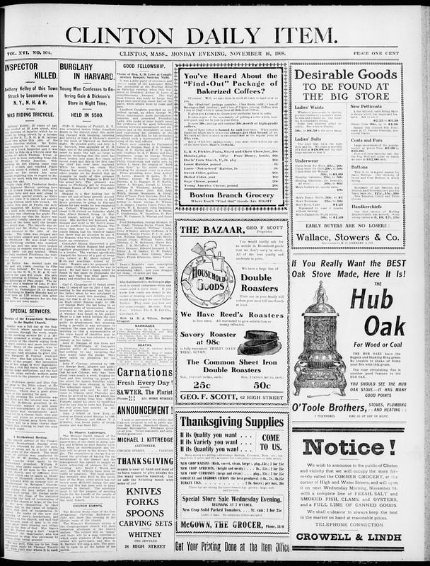 Clinton Daily Item. November 16, 1908 - Digital Commonwealth