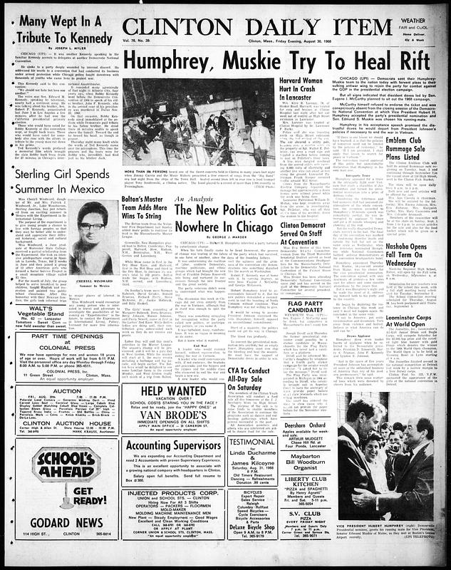 Clinton Daily Item. August 30, 1968 - Digital Commonwealth