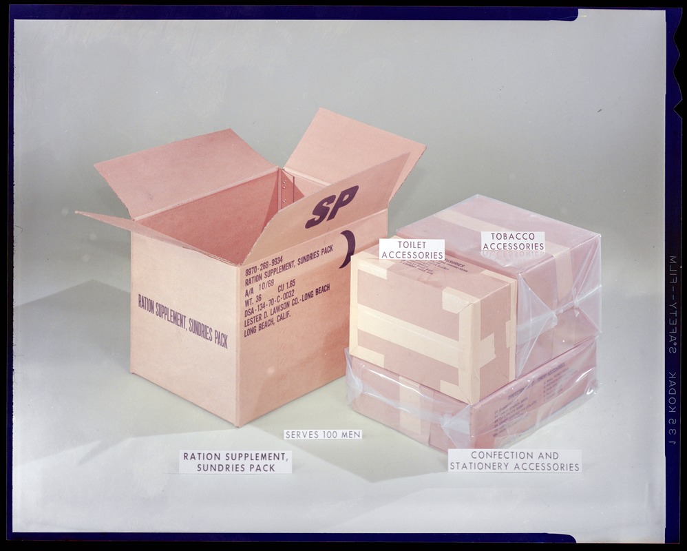 Ration supplement, sundries pack, confection and stationery accessories ...