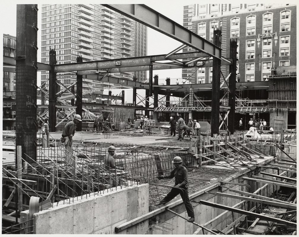 Construction workers on site during the Boston Public Library Johnson ...