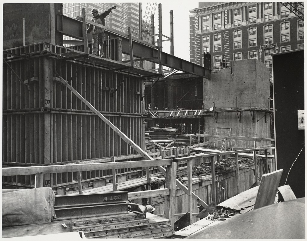 Construction workers on site during the Boston Public Library Johnson ...