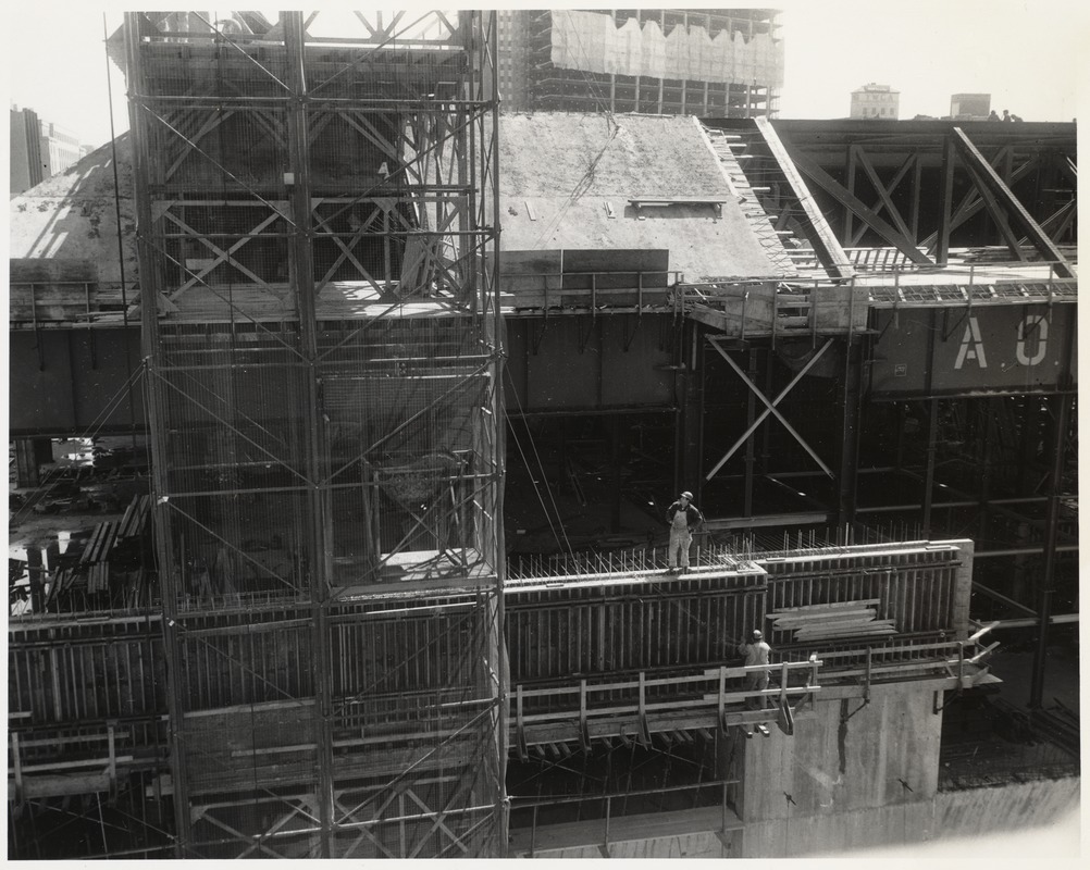 Construction workers on site during the Boston Public Library Johnson ...