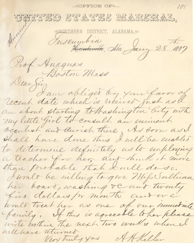 Letter from Capt. A. Keller to Michael Anagnos, January 28, 1887 ...