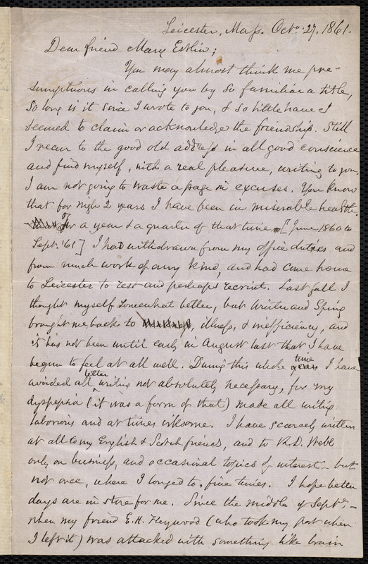 Letter from Samuel May, Leicester, Mass., to Mary Anne Estlin, Oct. 27 ...