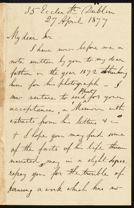 Letter from Samuel Haughton, Dublin, to Samuel May, 27 April 1877 ...