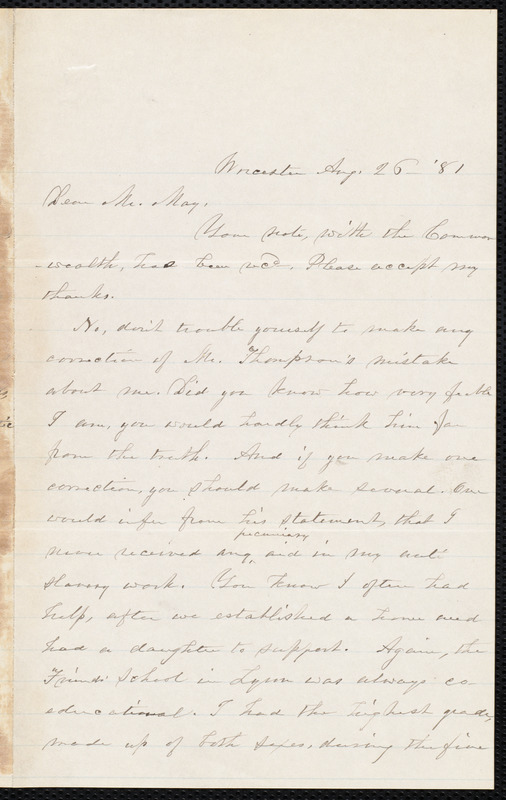 Letter from Abby Kelley Foster, Worcester, [Mass.], to Samuel May, Aug ...