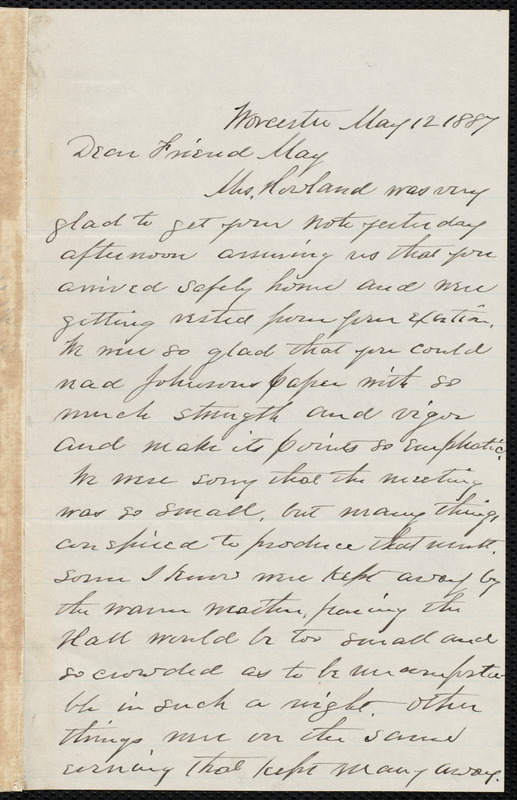 Letter from Joseph Avery Howland, Worcester, [Mass.], to Samuel May ...