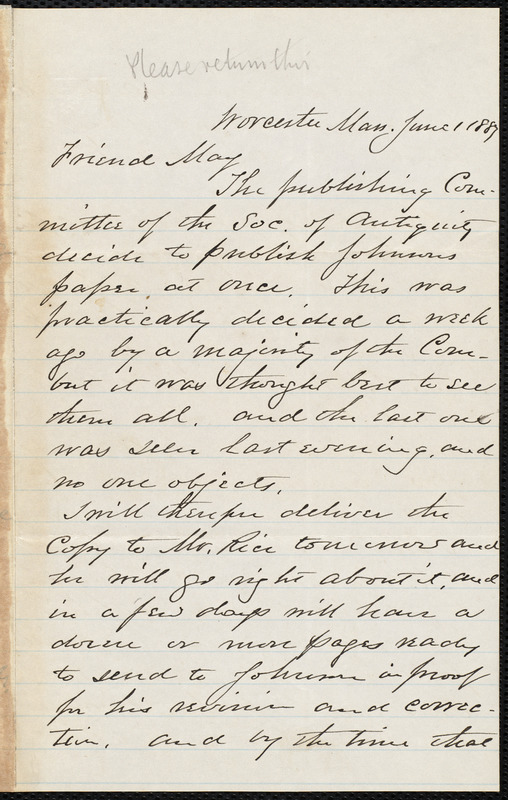 Letter from Joseph Avery Howland, Worcester, [Mass.], to Samuel May ...