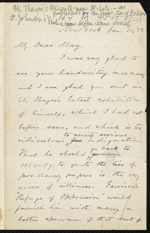 Letter from Oliver Johnson, New York, to Samuel May, Jan. 10, '88 ...