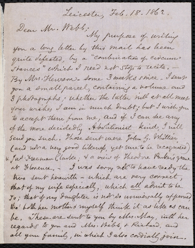 Letter from Samuel May, Leicester, [Mass.], to Richard Davis Webb, Feb. 18, 1862 - Digital ...